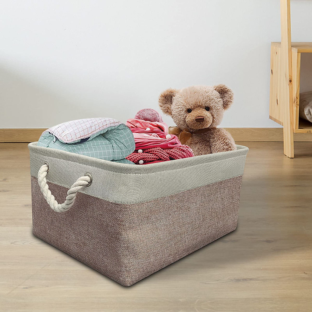 Protecu Storage Basket Bins Organizer Fabric Toy Basket with Handles - Large Baskets for Organizing Gifts Empty Shelves Closet (White & Pink, 16.1x12.2x7.9 inch)