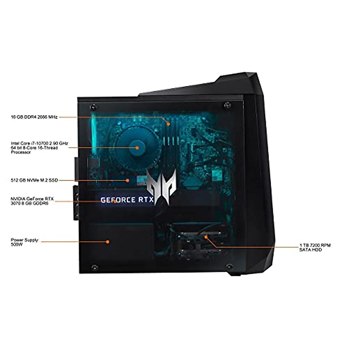 Acer Predator Orion 3000 PO3-620-UR17 Gaming Desktop Computer, Intel Core i7-10700 2.9GHz, 16GB RAM, 512GB SSD+1TB HDD, NVIDIA GeForce RTX 3070 8GB, Windows 10 Home