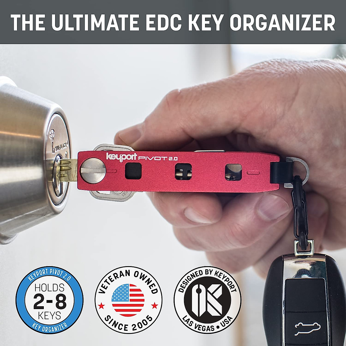 Keyport Pivot 2.0 - Premium Key Organizer Keychain w/Key Ring for Auto Fob + Lost & Found | Smart Key Chain for Men | Modern Car Key Holder + EDC Tools | Compact Minimalist Key Case | Aluminum (Red)