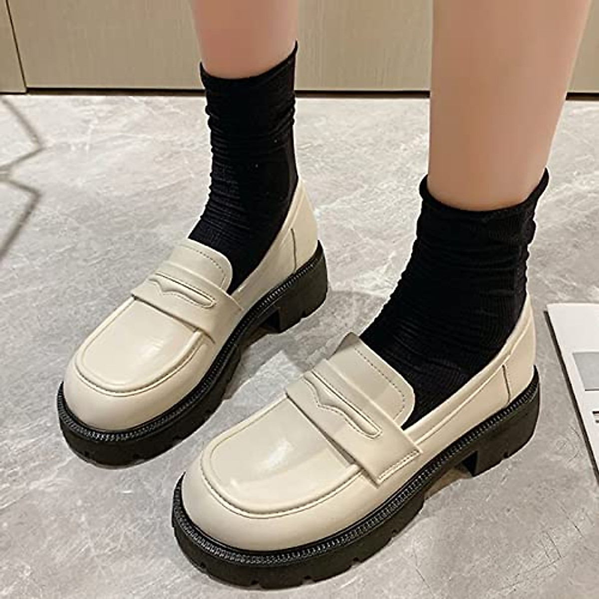 Women Casual Shoes Fashion Spring New Casual Retro Style Comfortable Square Heel Thick Heel Slip On Shoes Dressy Flip White