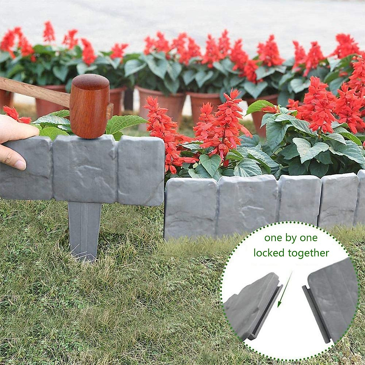 10 Pcs Garden Border Grey Stone Effect Lawn Edging Plastic Plant Fence Plastic Hammer in Plant Lawn Border Support Structures for Flower Bed Grass Bordering
