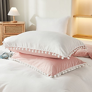 Bedbay Pink Comforter Set Twin Size Preppy Bedding Cute Pom Pom Fringe Boho Comforter White and Pink Reversible Twin Bedding Sets for Girls Boys Soft Washed Microfiber 2 Pcs(White&Pink,Twin)