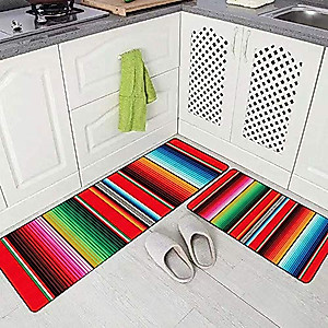 Gesmatic Red Kitchen Rugs, 2 Piece Mat Kitchen Rug 17"X48" 17"X24" Mexican Rug Pattern Serape Stripes Detail Background with Colors Non-Slip Striped Kitchen Rug