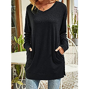 XUERRY Womens Casual V-NECK Long Sleeves Pocket Solid Color Sweatshirt Tunics Blouse Tops (X9009Black,L)