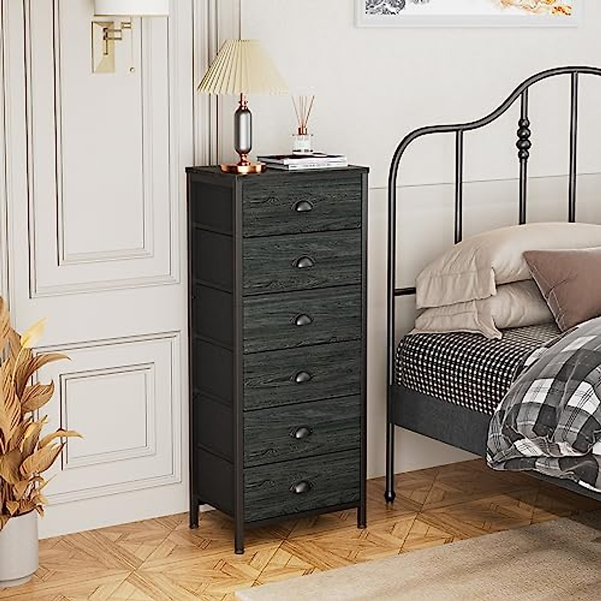 Furnulem Dresser for Bedroom with 6 Drawers, Tall Chest of Drawers, Black Storage Organizer Tower for Office, Entryway, Living Room with Wooden Top(Black Oak)