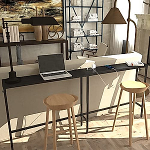 LEOMONIO 7.9" Narrow Sofa Table with Outlet, 70.9" Long Console Table Behind Couch, Skinny Table with Detachable Hooks and Charging Station for Entryway, Hallway, Living Room, Metal Frame & Black Wood