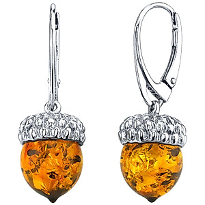 Peora Genuine Baltic Amber Acorn Drop Earrings for Women 925 Sterling Silver, Rich Cognac Color, Lever backs