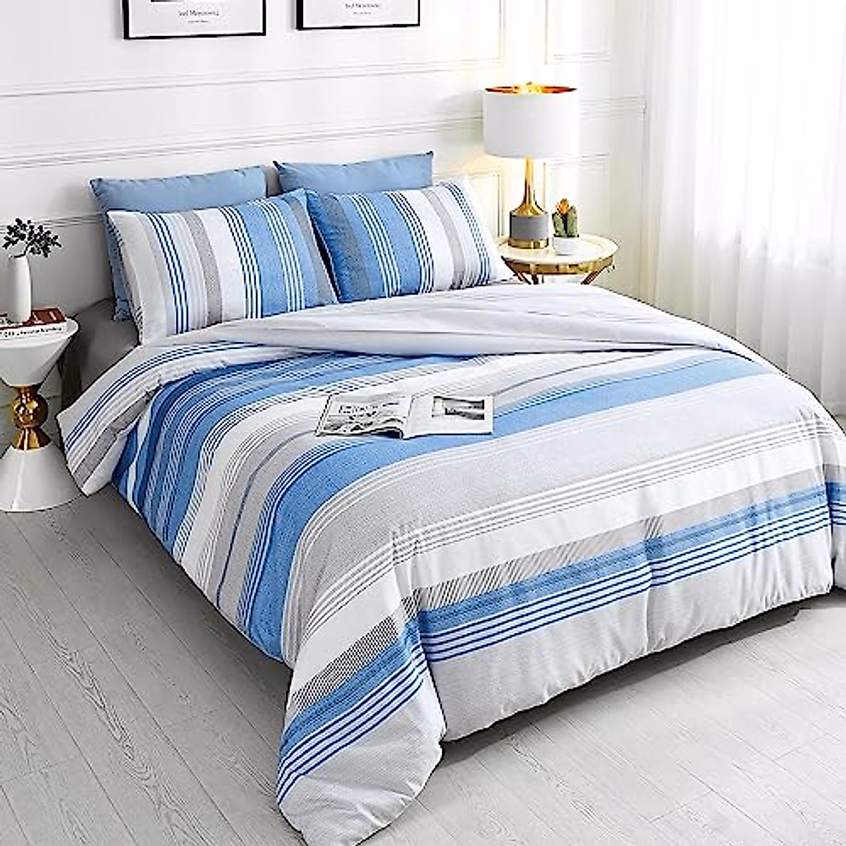 DESIHOM 3 Pieces Modern Duvet Cover Queen Size Geometric Blue Duvet Covers Set Striped Duvet Cover with Zipper Comforter Cover Queen Size