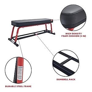 Sunny Health & Fitness Power Zone Strength Flat Bench with 550 LB Max Weight, Dumbbell Rack and Transport Wheels - SF-BH6996, Black