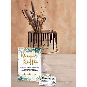 Diaper Raffle Baby Shower Game Set(1 Standing Sign + 50 Guessing Cards), Greenery Diaper Raffle Tickets for Baby Shower, Gold Foil Baby Shower Party Favor Decor - A05