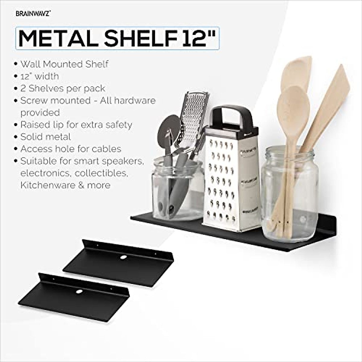 BRAINWAVZ 2-Pack 12" Floating Metal Wall Shelf for Books, Organizer, Speakers, Plants, Cameras, Books, Decor Display, Storage, Routers & More Wide Universal Holder Shelf (Black)