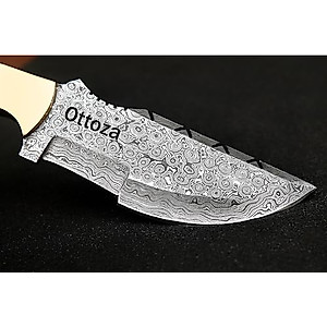Ottoza Tracker Knife & Bone Handle - Damascus Hunting Knife - Horizontal Carry Knife Sheath 115