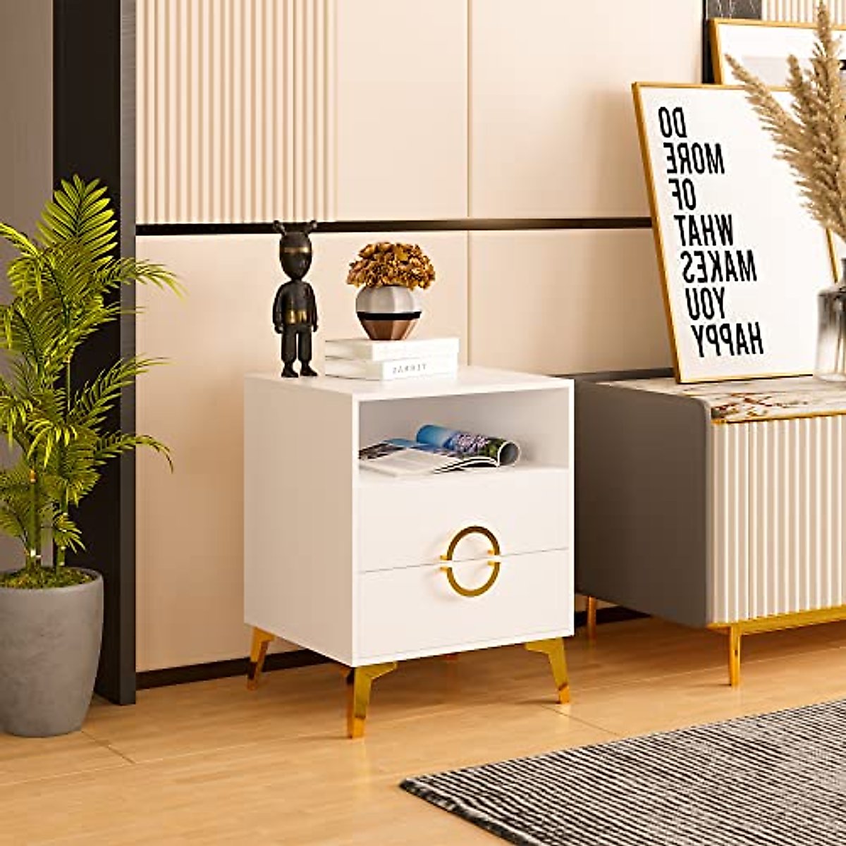 Gurexl Nightstand with 2 Drawers for Bedroom Furniture, Modern End Side Table Side Bed Table with Sliding Drawer & Open Storage
