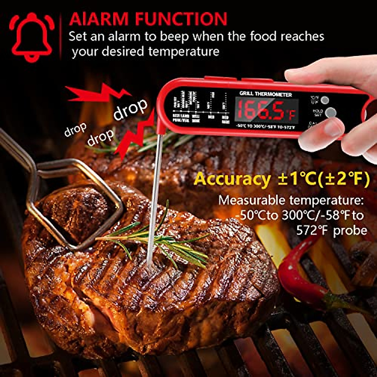 3 in 1 Digital Meat Thermometer, Instant Read Food Thermometer with 2 Detachable Wired Probe, Calibration, Alarm Function, LCD Backlight for Grilling, Cooking, BBQ, Kitchen