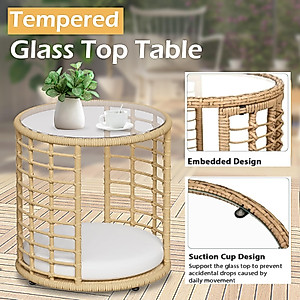 3 Piece Patio Bistro Set, Bistro Table and Chairs Set of 2 with Elevated Back Cushion, Round Glass Top Coffee Side Table, Patio Rattan Conversation Set for Balcony, Lawn, Garden, Backyard, White