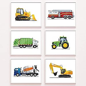 6 Pcs Watercolor Trucks Wall Art Boys Room Decor Nursery Decor Cute Cartoon Construction Car Truck Art Prints Posters Paintings for Boys Kids Room Bedroom Bathroom Playroom Classroom, 8x10", Unframed