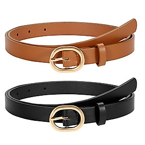 WERFORU 2 Pack Women's Skinny PU Leather Belt with Gold Buckle Ladies Thin Leather Leather Plus Size Waist Belt for Jeans Dress （Black+Brown,Fit Waist Size 31-36 Inches