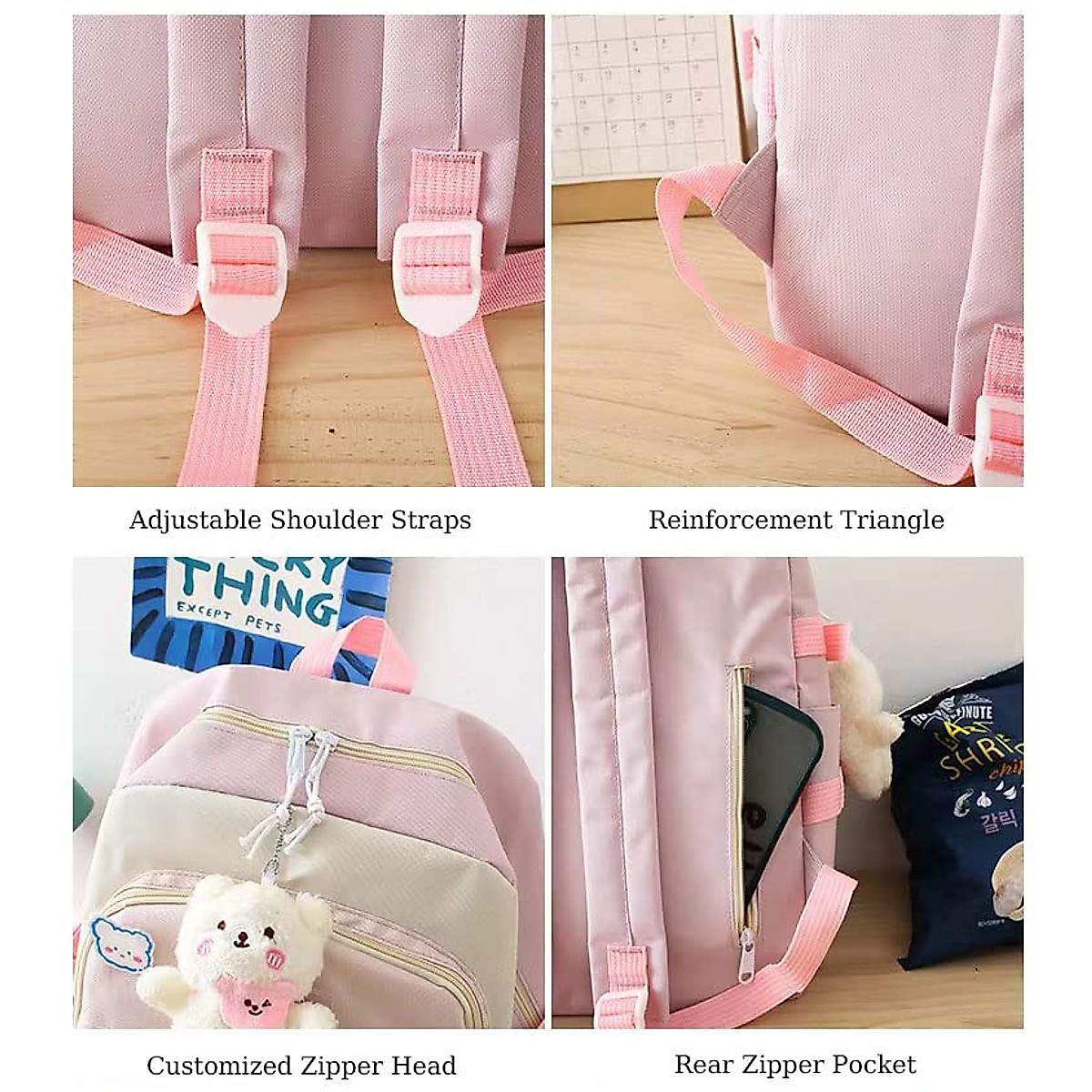 GGWIEAEA 5PCS Kawaii Backpack Set with Cute Pendant Waterproof College Style Suitable for Teenage Girls