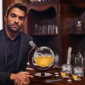 Whiskey Decanter Set, Etched World Globe, Crafted Glass Sailing Shipe, 1000ml Capacity, Ice Tongs, Whiskey Stones, Home Bar Liquor Decoration, Alcohol Gifts for Father& Husband