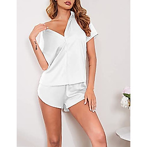 Ekouaer Women's Silk Pajamas Set Short Sleeve Button-Down Sleepwear Tops and Shorts 2 Piece Pjs White Large
