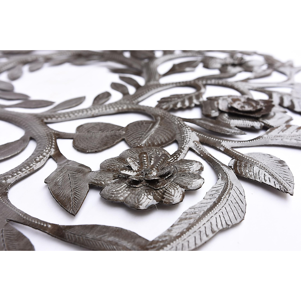 Front Door Metal Wreath with Flowers and Branches, Garden Wall Hanging Lid Sculpture, Handmade in Haiti 23 in. x 23 in.