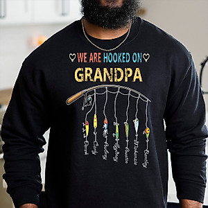 Personalized Dad Grandpa Fishing T Shirts, Shirt with Grandkids Name, Custom Father's Day Gift for Men Pawpaw Papa Tee Hoodie Sweatshirt Tank Top on Birthday up to 25 Kids, X-Large