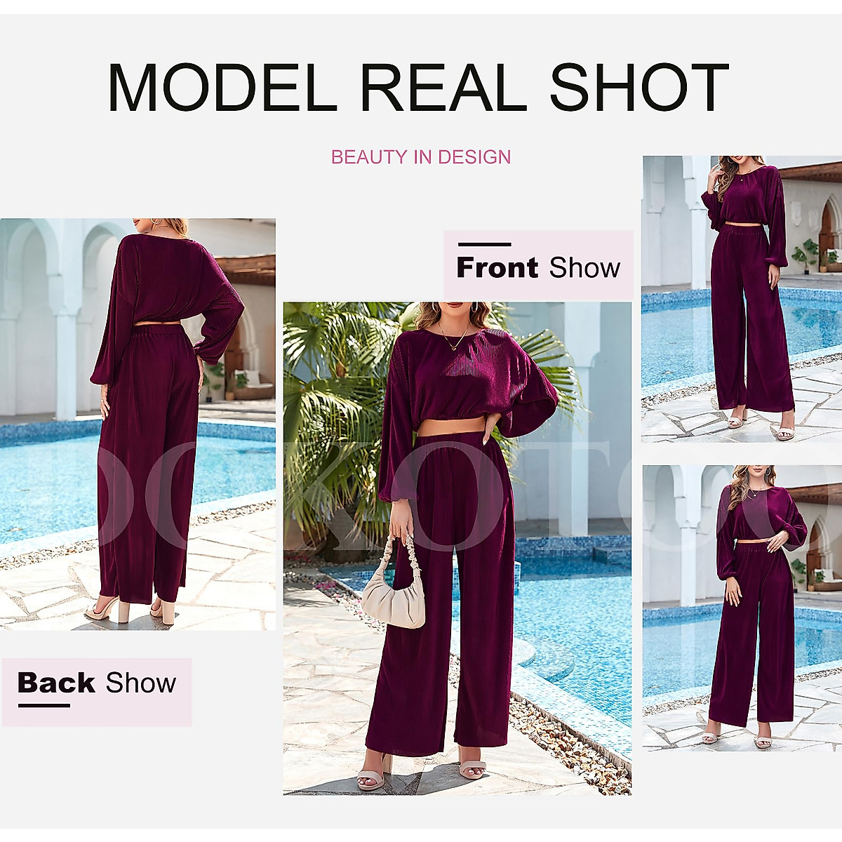 Dokotoo Womens Two Piece Outfits Casual Crew Neck Long Sleeve Tops 2 Piece Fall Outfits for Women Solid Wide Leg Pants Set 2024 Trendy Wedding Guest Sweatsuit Palazzo Pants Tracksuit L Red