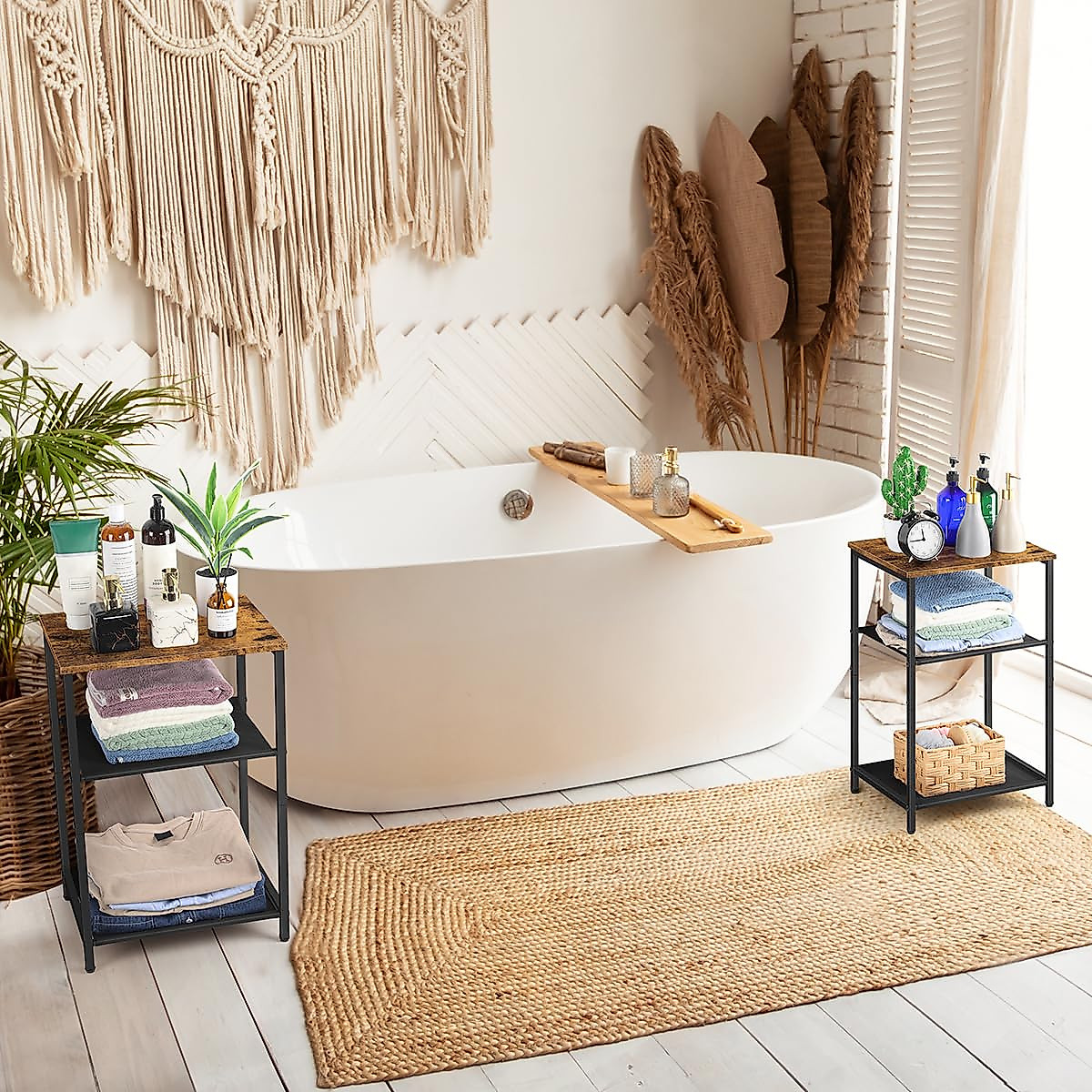 Set of 2 Nightstand, 3 Tier End Table for Small Spaces, Narrow Side Table with Storage Shelf, Bedside Tables for Bedroom, Living Room, Rustic Brown