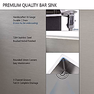 Stainless Steel Undermount Bar Sink, BoomHoze 15 x 17 Inches Small Wet Bar Sink Undermount 16 Gauge SUS304 Brushed Nickel Single Bowl Outdoor Bar Sink