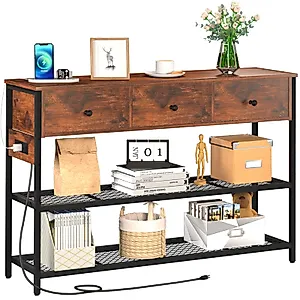 Yoobure Console Table with 3 Drawers, 47" Entryway Table with Storage Shelves, Narrow Long Sofa Table with Outlets & USB Ports, 3-Tier Entry Table, Couch Table for Living Room, Hallway, Foyer, Hall
