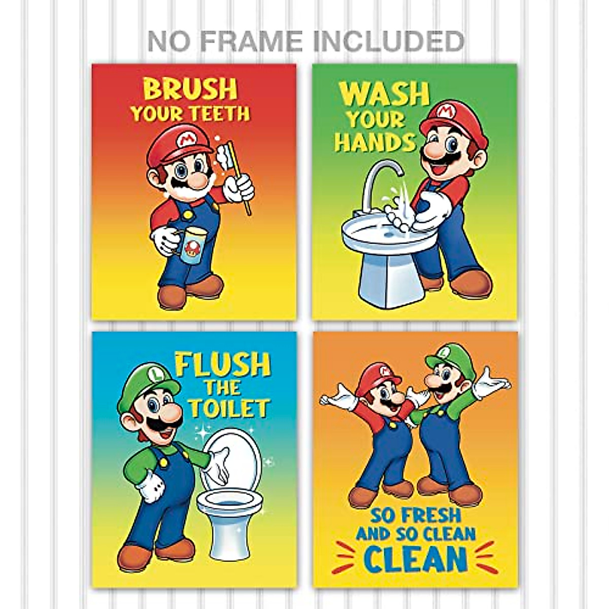SWITHOM Super Mario Bathroom Wall decor - Unframed Boy's Bathroom Decor, 8X10 inch Super Mario Wall Art Prints for Kids Bathroom, Set of 4 Positive Quotes Toilet Wall Decor Art Prints for Bathroom