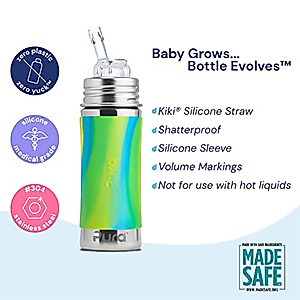 Pura Kiki 11oz/325ml Stainless Steel Straw Bottle w/Sleeve, 100% Plastic-Free, MadeSafe Certified, 100% Medical-Grade Silicone Straw for Kids, Toddlers, Preschoolers, Babies & Infant – Aqua