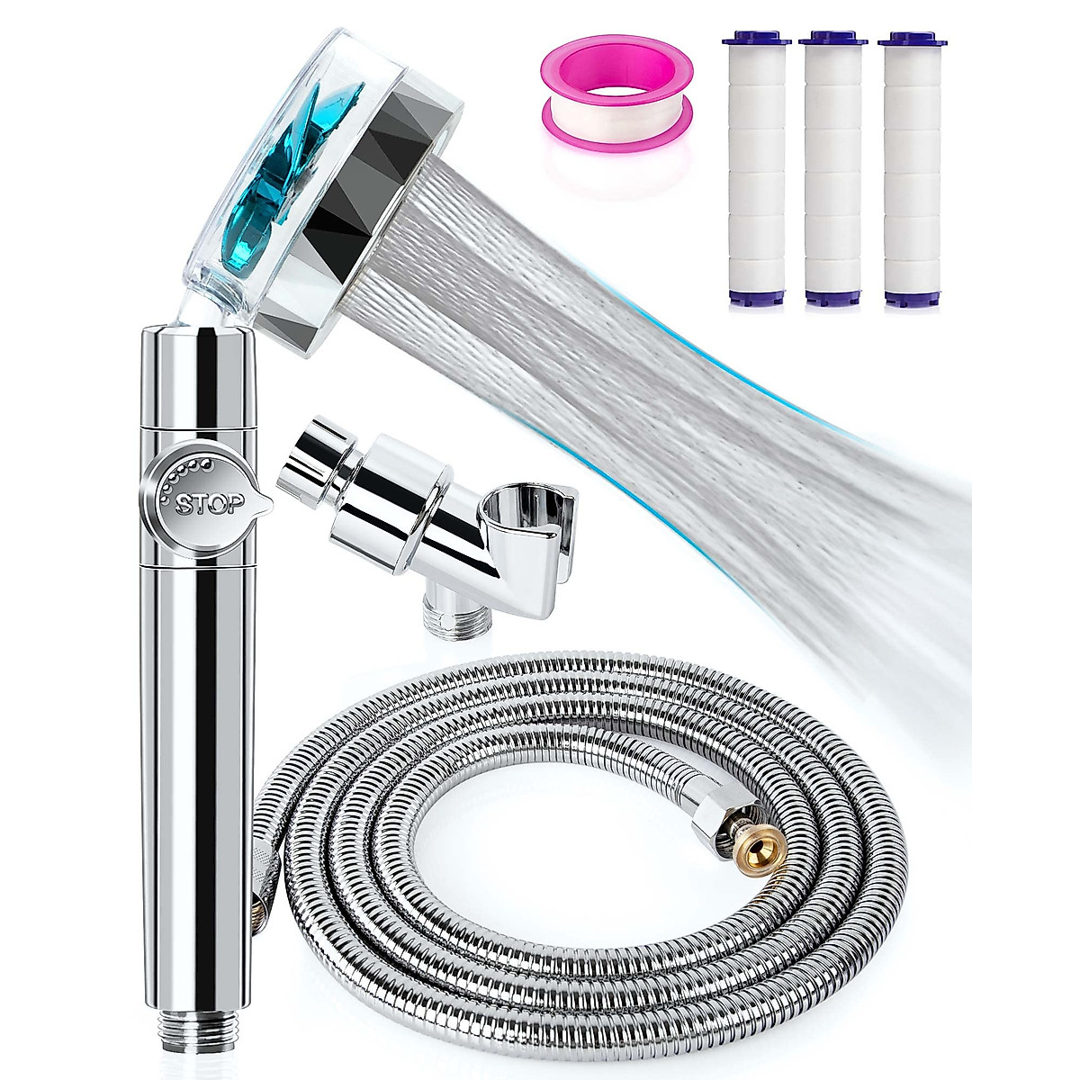 High pressure shower head kit with 3 filters, shower hose, Shower Head Holder