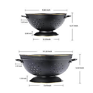 Metal Colander Set of 2, Strainer Basket with Handles perfect for Spaghetti, Pasta, Berry, Vegetable, Fruit, Solid Base Powder Coated Self-draining Kitchen Colander Bowel, 3.5 & 5 Qt, Matte Black