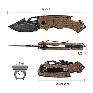 Mossy Oak Mini Folding Pocket Knife, Stainless Steel Drop Point Blade - EDC Multi-tool with Bottle Opener and Glass Breaker（Wood）
