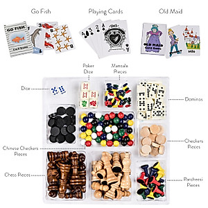 Board Game Set - Deluxe 15 in 1 Tabletop Wood-accented Game Center with Storage Drawer (Checkers, Chess, Chinese Checkers, Parcheesi, TicTacToe, SOlitaire, Snakes and Ladders, Mancala, Backgammon, Poker Dice, Playing Cards, Go Fish, Old Maid, and Dominos)