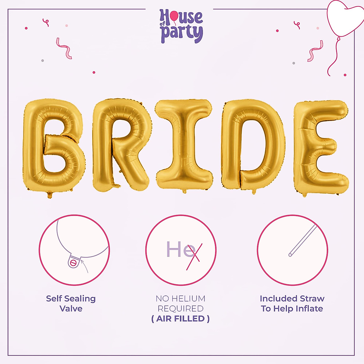 HOUSE OF PARTY Bride Balloon - 40'' Foil Balloons for Wedding Bridal Shower Engagement Party Decor - Bachelorette Party Supplies for Bride-to-Be! (Bride (40 Inches) Gold)