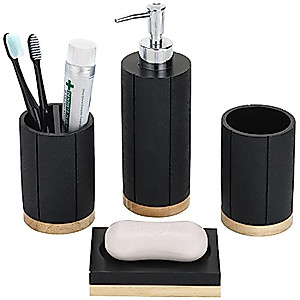 MyGift 4 Piece Modern Black & Natural Acacia Wood Bathroom Accessories Set Includes Soap Dish, Tumbler, Toothbrush Holder & Pump Dispenser