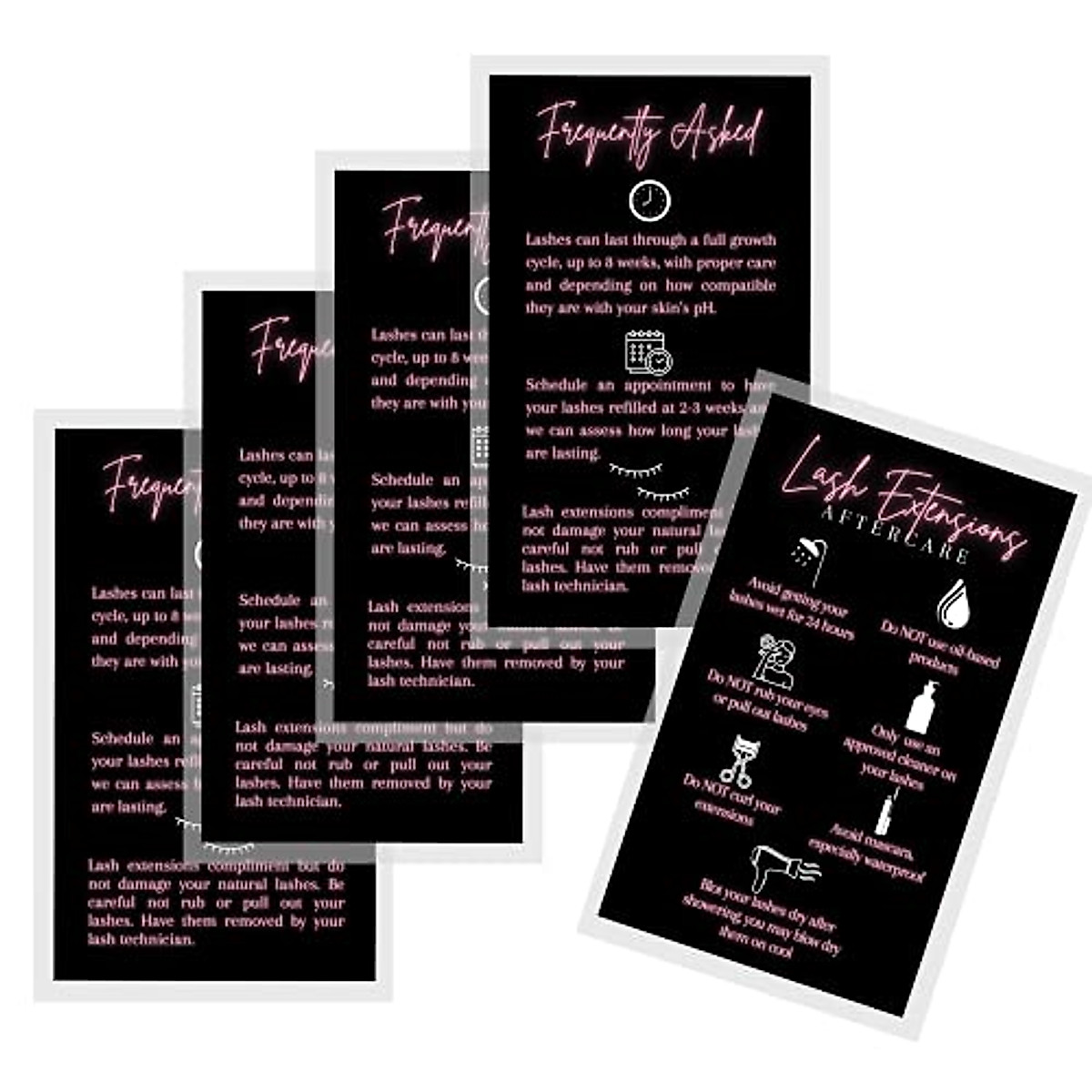 Lash Extension Aftercare Cards | 50 Pack | Eyelash Extension Supplies | 2x3.5" inches Business Card Size | Black with Neon Pink Color Design