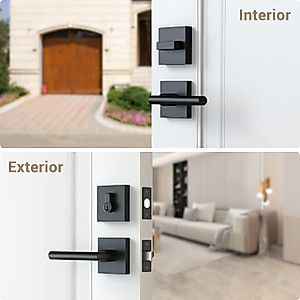 Exterior Door Lock Set, Ohuhu Heavy Duty Deadbolt Lock- Entry Door Locksets with Deadbolt Matte Black Front Door Handle Modern Contemporary Square Sleek Design Zinc Alloy