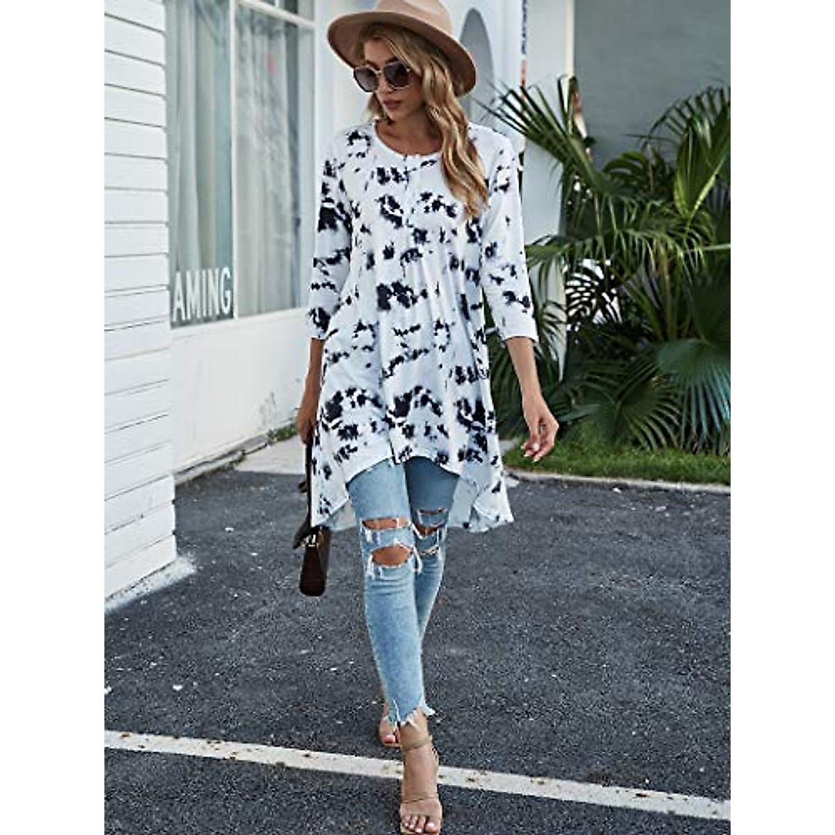 Naggoo Womens 3/4 Sleeve Hi Low V neck Long Blouses Tie Dye Print Loose Tunic Tops Shirts, Black White, XX-Large