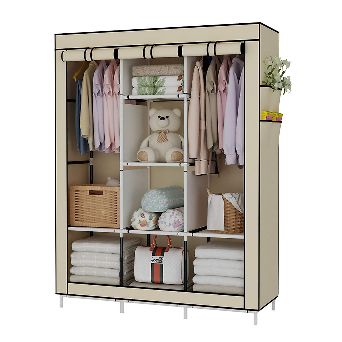 UDEAR Portable Wardrobe Closet Clothes Organizer Non-Woven Fabric Cover with 6 Storage Shelves, 2 Hanging Sections and 4 Side Pockets，Beige