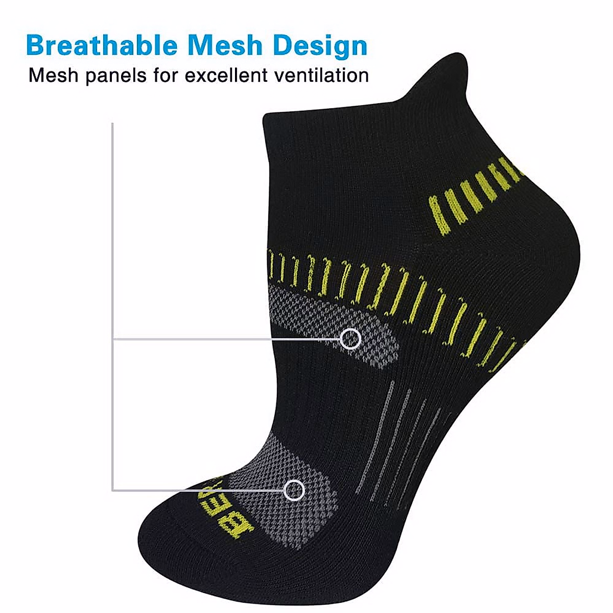 BERING Women's Athletic Running Cushioned Ankle Socks, Size 6-9, Black, 6 Pairs