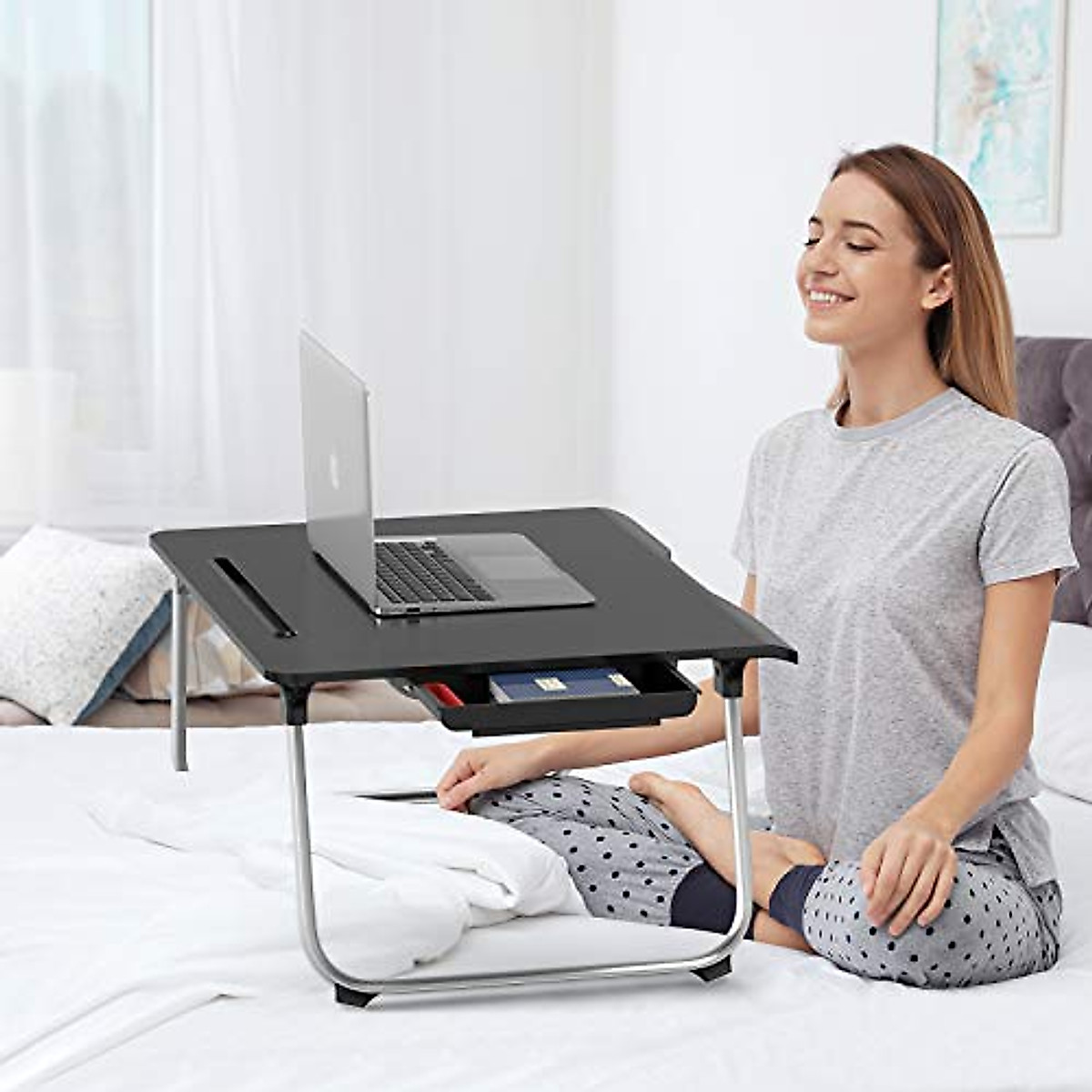 Laptop Bed Table, AboveTEK 25.6"x 19.29" Large Foldable Laptop Desk for Bed w/ Storage Drawer, Phone Holder, Book Tablet Stand, Cup Holder - Heavy Duty Lap Desk for Adults Bed & Sofa(Black)