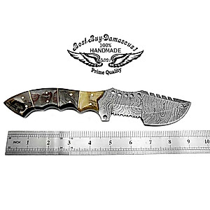 Handmade Damascus Steel Tracker Knife - 9.5" Inch Knifes real Ram horn Handel Knives - Bushcraft- EDC Survival Knife for Men-Tactical Tracker Knife- Fixed Blade Knife- Premium Quality Knife- Mens Gift