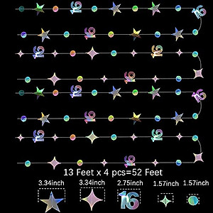 MUDESEN Sweet 16 Sixteen Birthday Party Decorations for Girls, Iridescent Number 16 Circle Dot Twinkle Star Garland Kit Hanging Streamer Backdrop Decorations for Girls 16th Birthday Party …