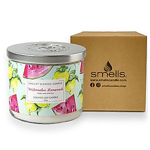 Smells - Premium Soy Wax Round Jar Scented Candle 16oz. - 100% Cotton 3-Wicks - Fragrance That Eliminates Home and Office Odors: Food, Pets, Smoke and Others (1-Pack, Watermelon Lemonade)