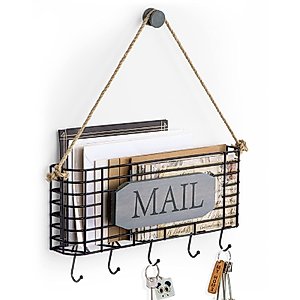 SRIWATANA Mail Key Holder for Wall, Rustic Mail Organizer Wall Mount with 5 Key Hooks, Large, Weathered Grey