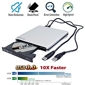 USB 3.0 Portable External 6X Blu-ray Burner Optical Drive, for Samsung Notebook 9 Pro S 7 5 10 Spin Series XE500C13 ATIV Book 9 15 2019 Ultrabook Laptop, 3-D Blue ray DVD Players, 8X DVD+-R DL Writer