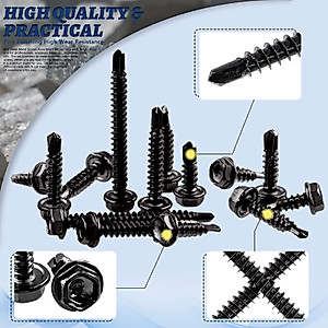 Glarks 165Pcs 410 Stainless Steel #12 Hex Washer Head Self Drilling Screws Assortment Kit 6 Size Black #12x5/8, #12x3/4, #12x1, #12x1-1/4, #12x1-1/2, #12x2 Sheet Metal Screws with Drill Point